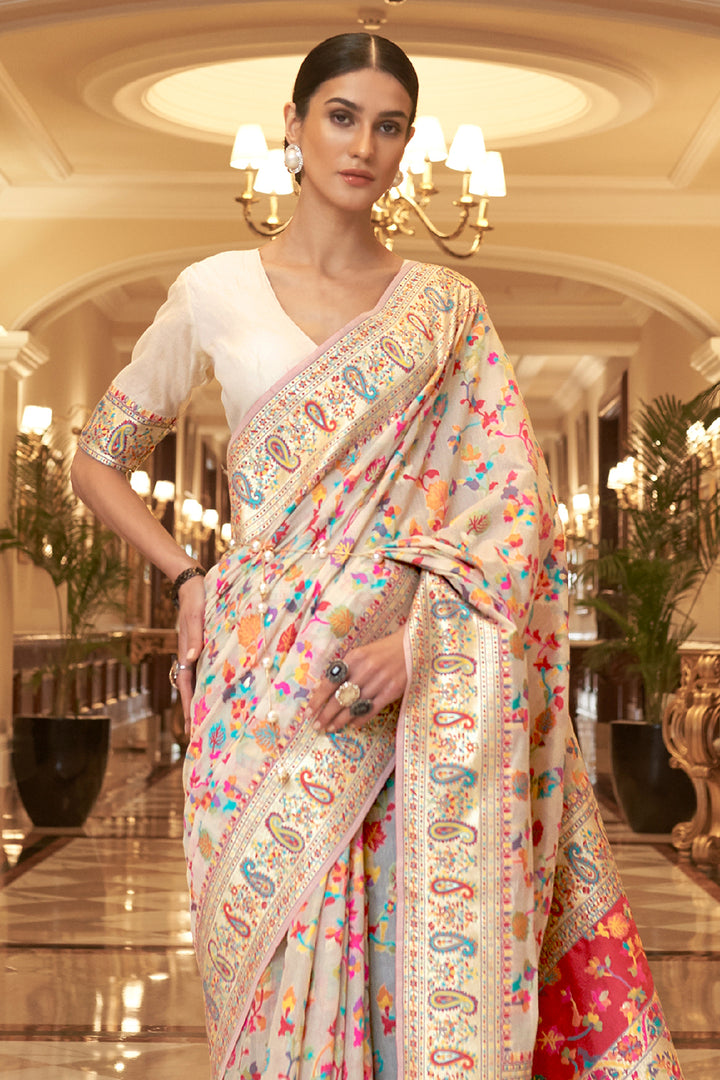 Cosmic White Pashmina Saree – NITARAA