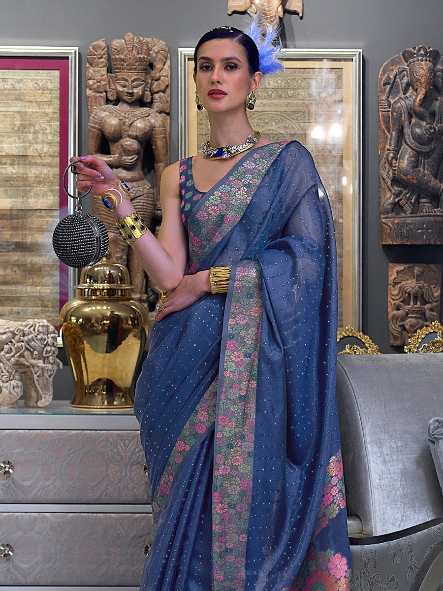 Buy Denim Blue Organza Saree online-Nitaraa – NITARAA
