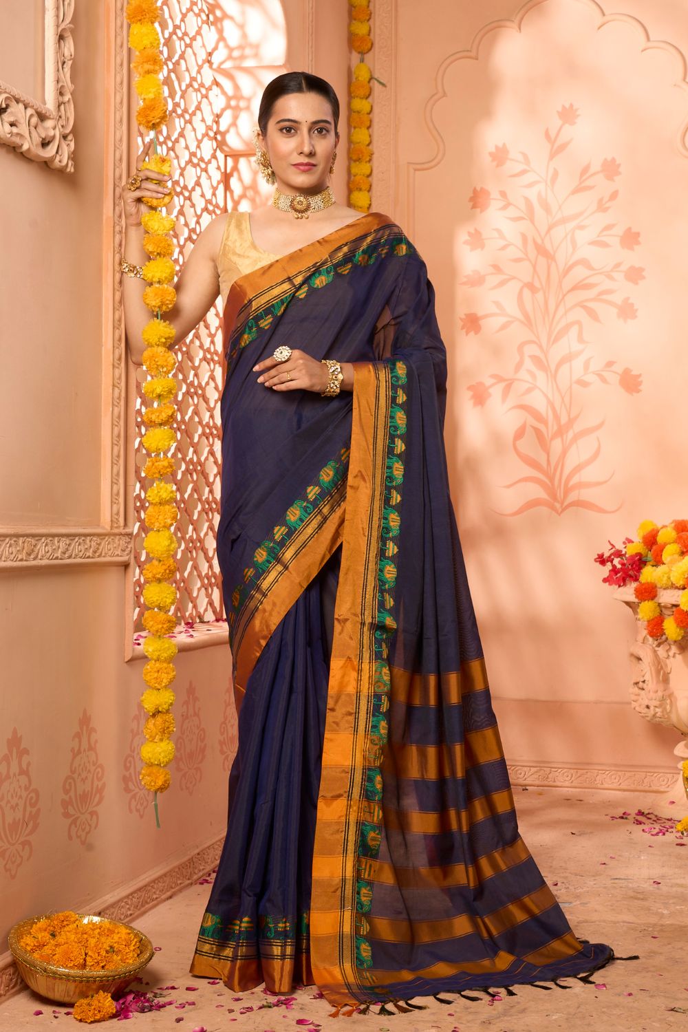 Buy Dark Blue Elephant Border Ilkal Saree | Ilkal Sarees online - Nitaraa